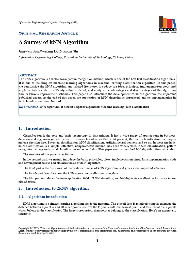 A Survey of KNN Algorithm | Download Free PDF | Statistical Classification | Sampling (Statistics)