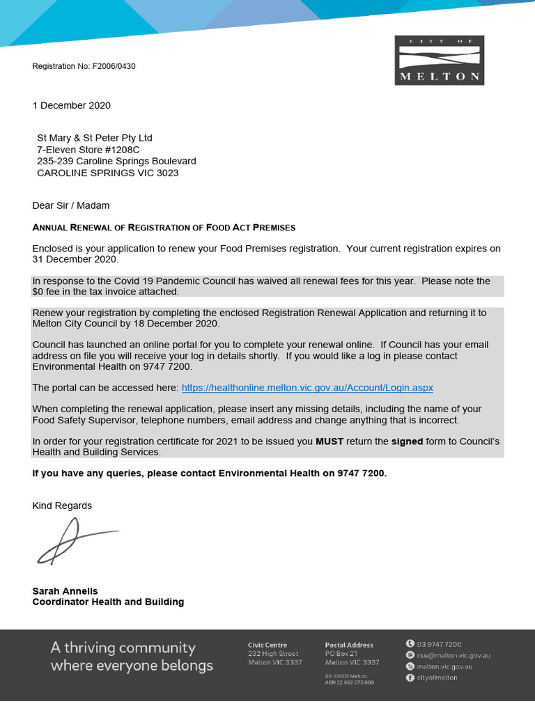 Food Premises Registration Renewal Notice | PDF