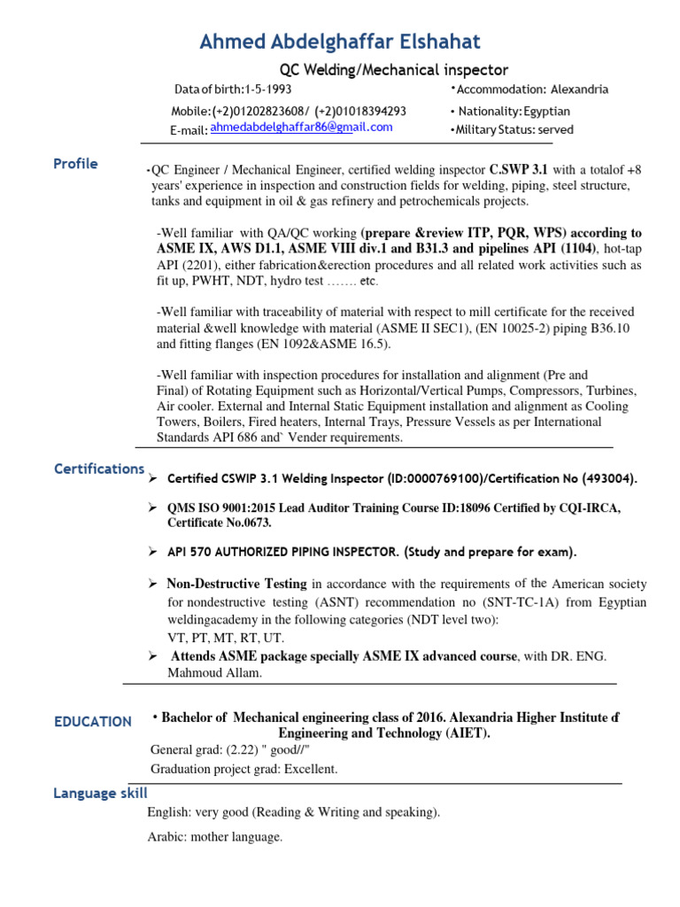 Mechanical Welding Inspector CV PDF | PDF | Nondestructive Testing ...
