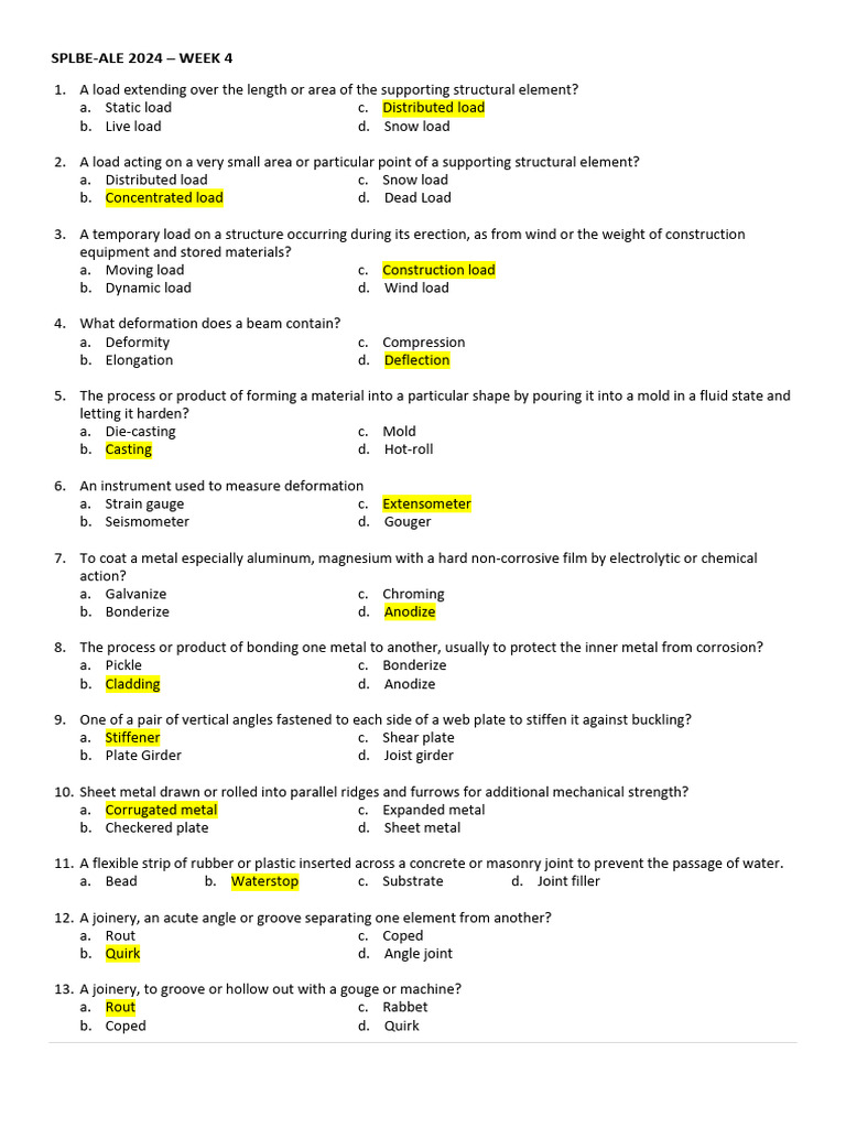 Splbe-Ale 2024 - Week 4 - Answer Key | PDF | Beam (Structure) | Bending