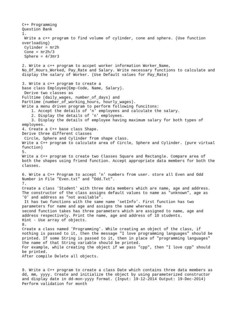 Lab Exam Question Bank OfC++ PRG | PDF | C++ | Method (Computer Programming)