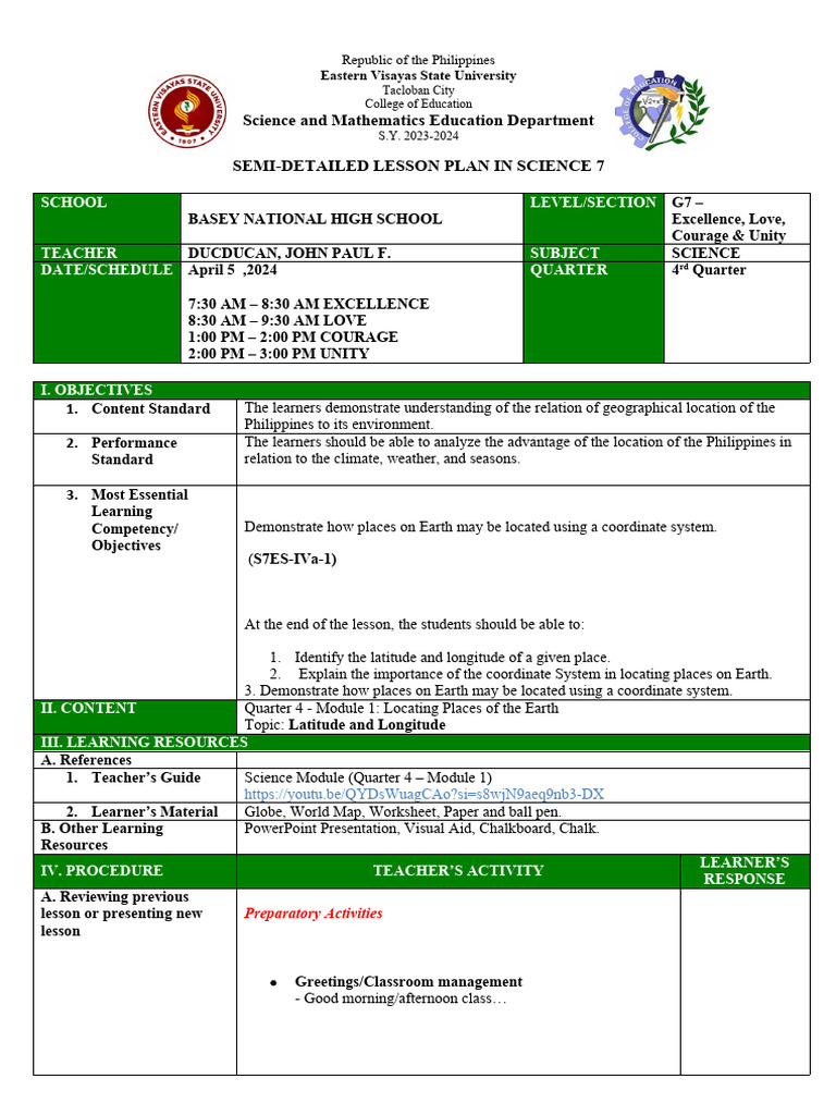 Science 7 Lesson Plan: Latitude & Longitude | PDF | Latitude | Longitude
