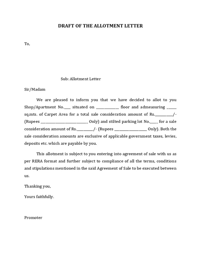 Draft of Allottment Letter | PDF