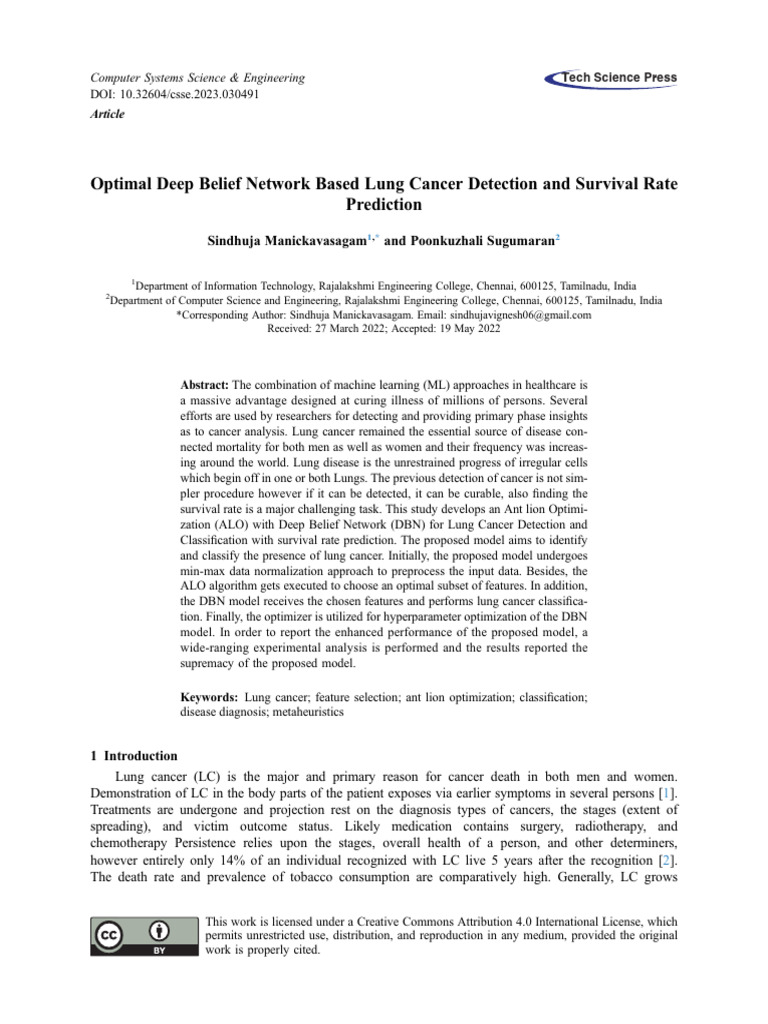 Optimal Deep Belief Network Based Lung Cancer Detection And Survival Rate Prediction Pdf
