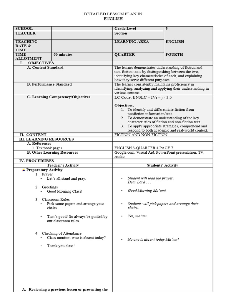 3rd Grade Fiction vs Non-Fiction Lesson Plan | PDF | Learning | Non Fiction