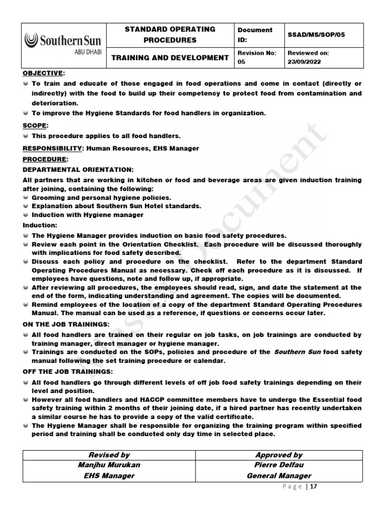 Sop 5 Training and Development | PDF | Food Safety