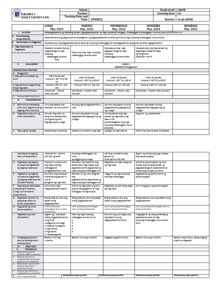 DLL All SUBJECTS-G2 Q4 WEEK2 | PDF