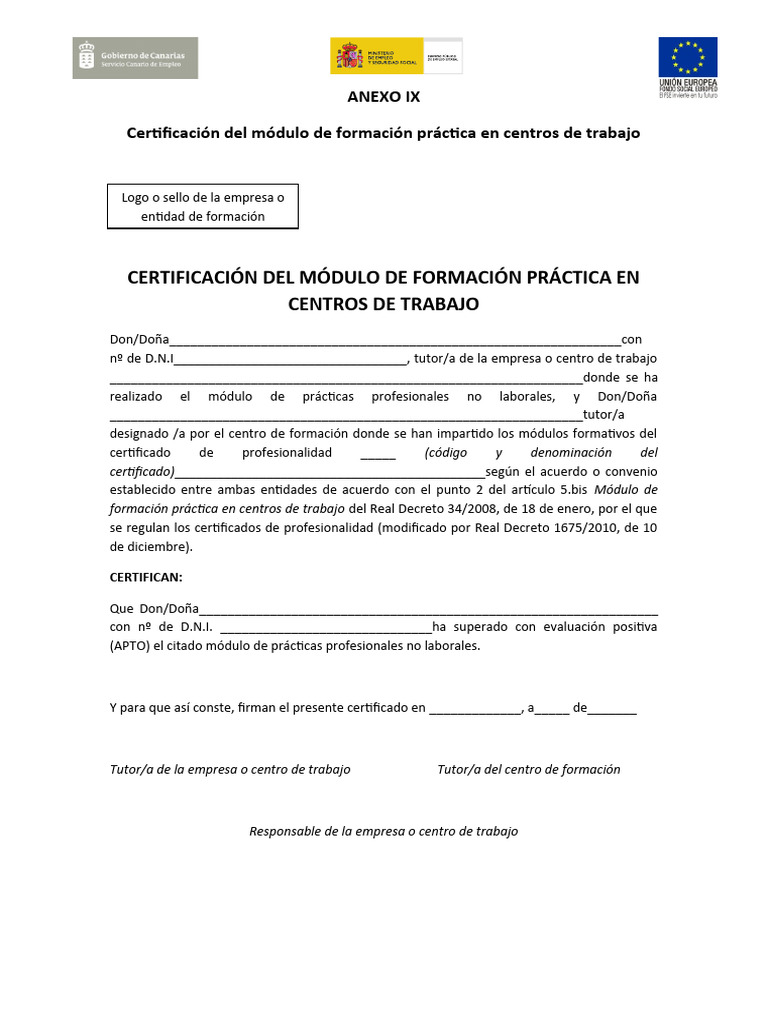 Anexo 9 Certificacion Del Modulo de Formacion Practica en Centros de Trabajo | PDF | Crecimiento ...
