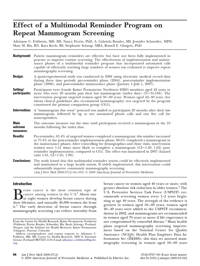 Effect of A Multimodal Reminder Program On Repeat | PDF | Mammography | Screening (Medicine)