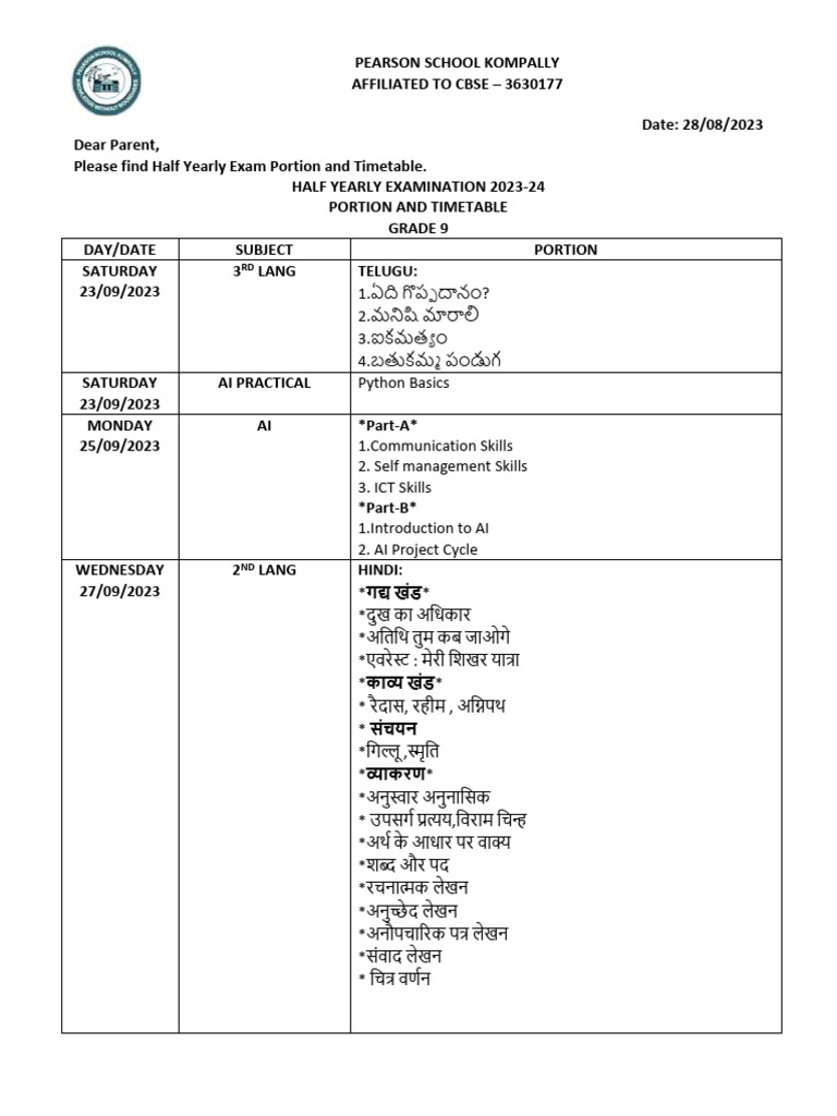 Grade 9 HY Portion and TT 23-24 | PDF