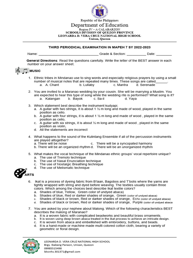 MAPEH 7 Third Quarter Exam TQ and ANSWER KEY Multidimensional | PDF ...