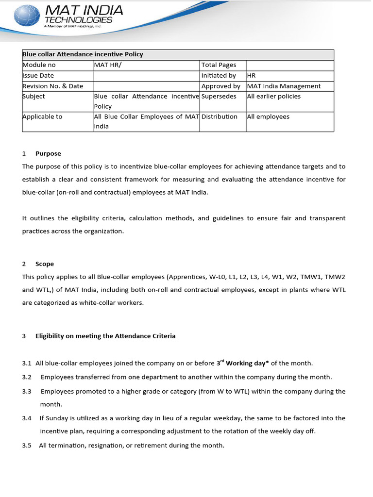 BC Attendance Incentive Policy - Umesh Sir Changes | PDF | Blue Collar ...