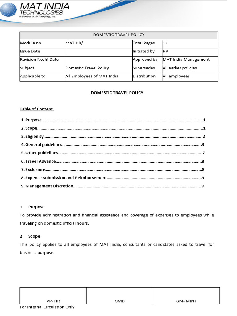 Domestic Travel Policy | PDF | Reimbursement | Expense