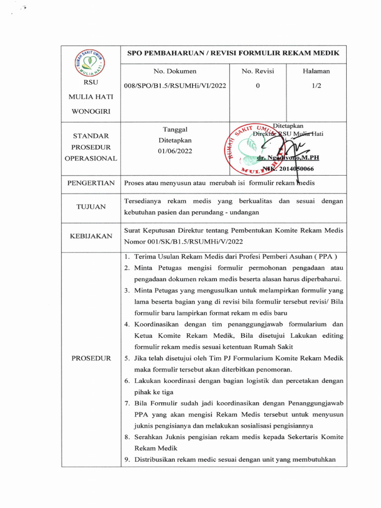 Spo Pembaharuan Atau Revisi Formulir Rekam Medis | PDF