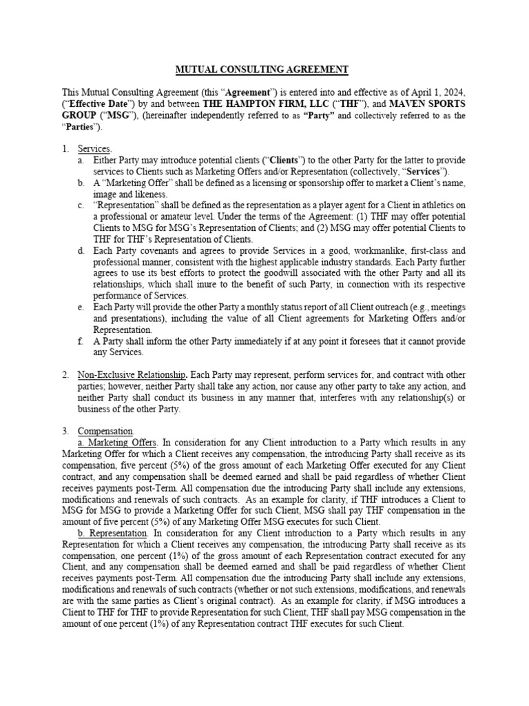 Mutual Consulting Agreement Overview | PDF | Indemnity | Arbitration