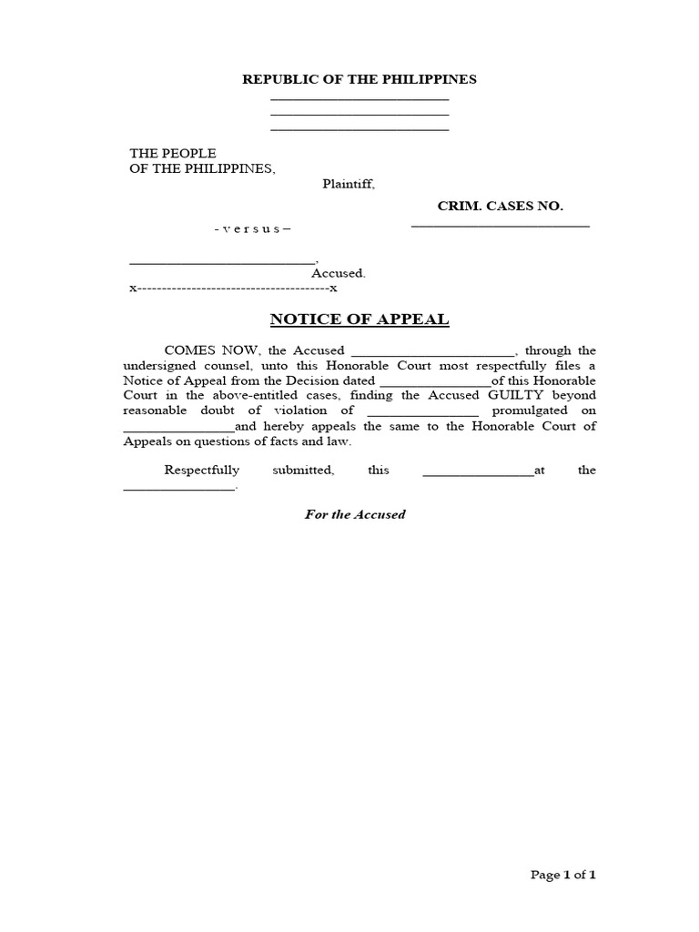 Notice of Appeal in Criminal Case | PDF | Finance & Money Management ...