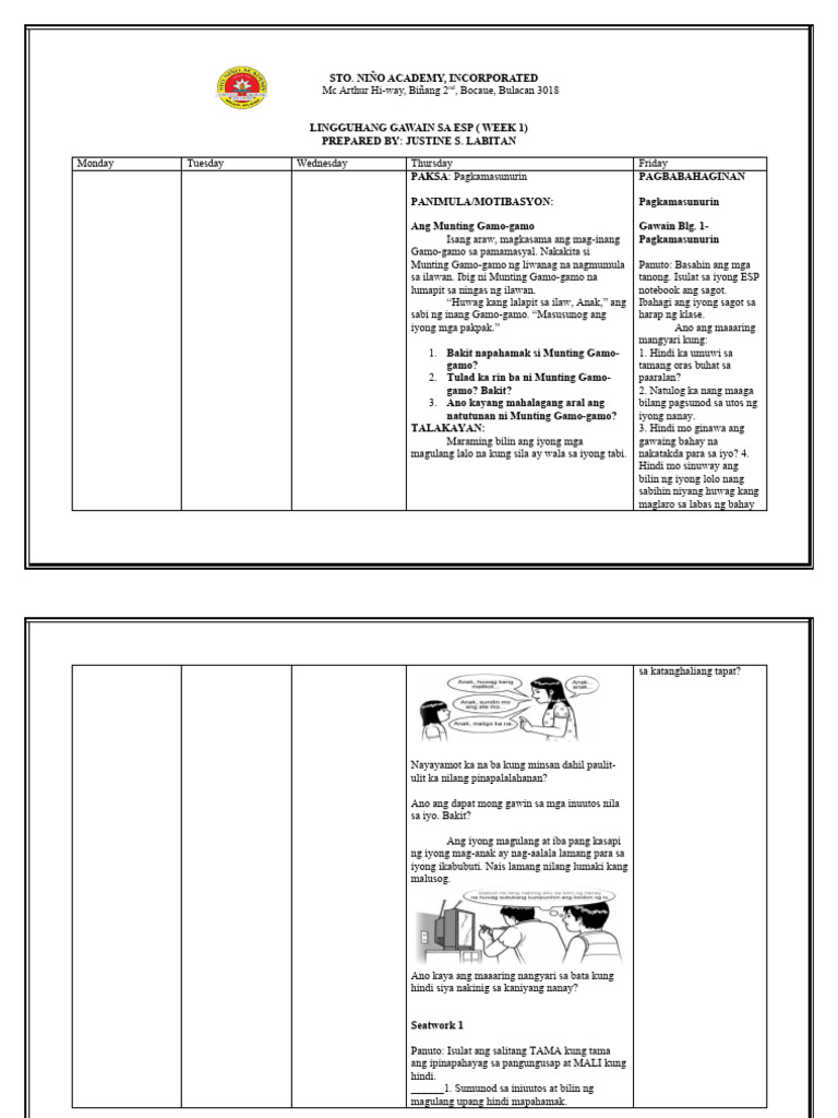 Lingguhang Gawain Sa Esp (Week 1) | PDF Lingguhang Gawain Sa Esp (Week 1) | PDF