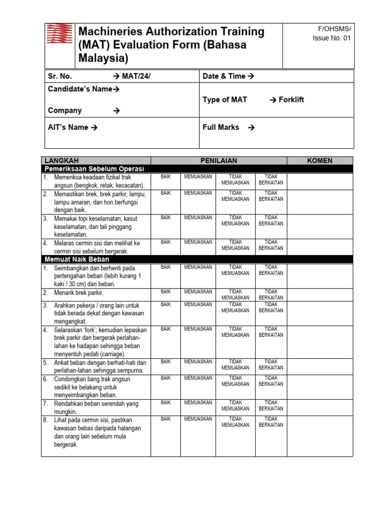 MAT Evaluation - Forklift (Bahasa Malaysia) | PDF