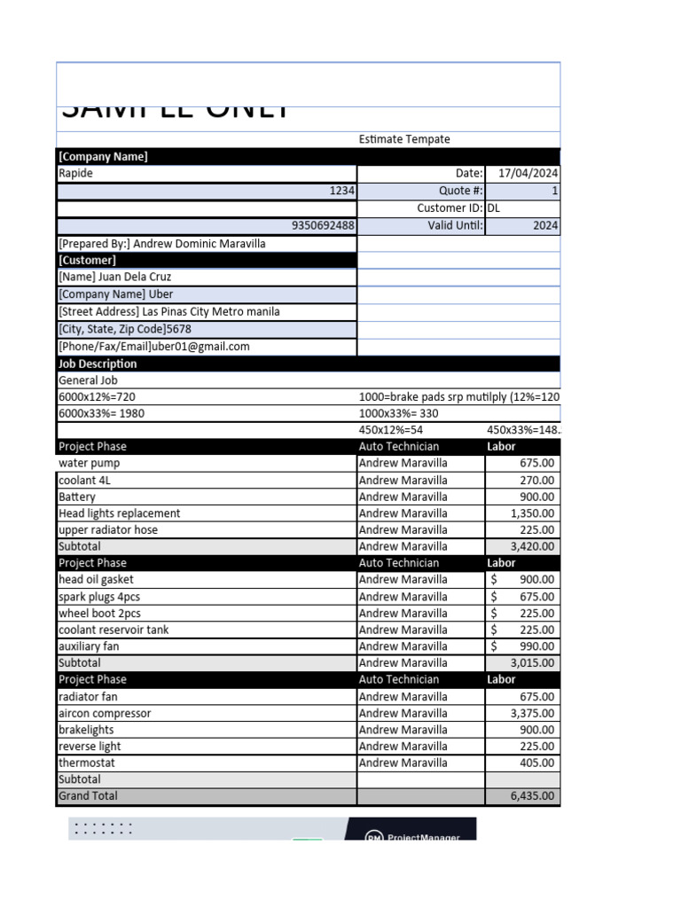 Andrew Maravilla Project Estimate and Costing | PDF | Manufactured ...