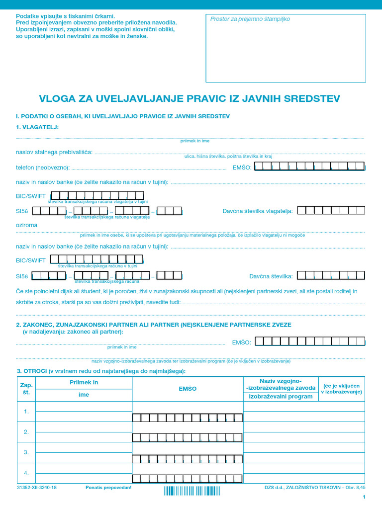 Vloga Za Uveljavljanje Pravic Iz Javnih Sredstev | PDF