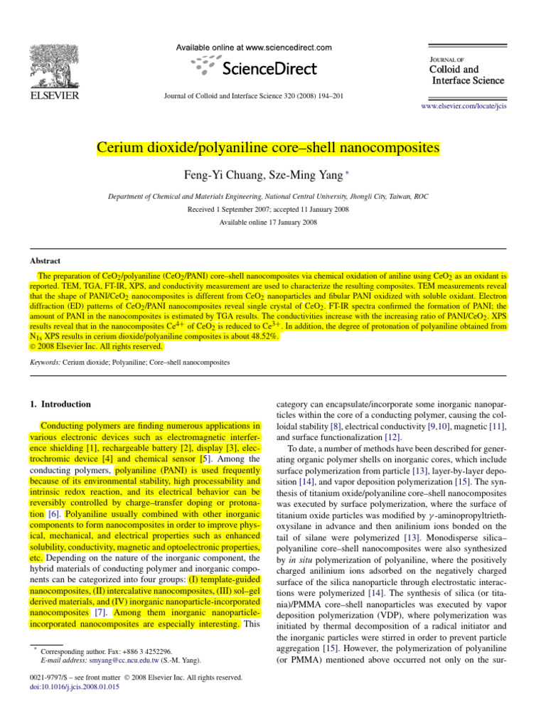 Cerium Dioxide Polyaniline Core Shell Nanocomposites A Pdf Nanocomposite X Ray