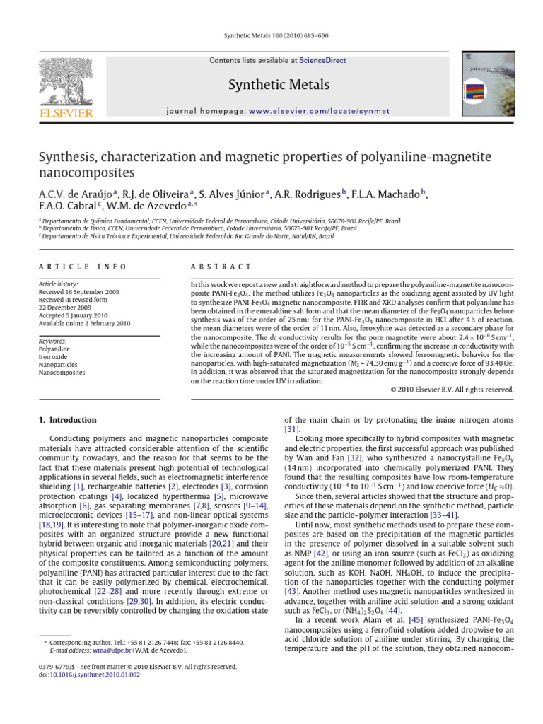 Synthesis of Polyaniline-Magnetite Nanocomposites | PDF | Nanocomposite ...