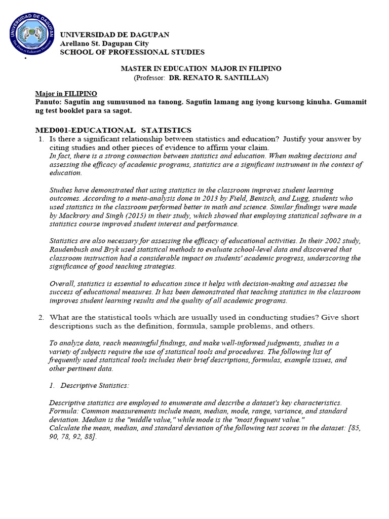Udd Med Filipino Summer Midterm Exam | PDF | Statistics | Regression ... Udd Med Filipino Summer Midterm Exam | PDF | Statistics | Regression ...
