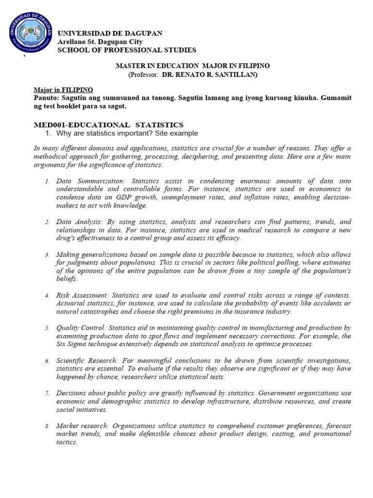UDD-MED-FILIPINO-SUMMER-FINAL-EXAM | PDF | Quantitative Research | Statistics