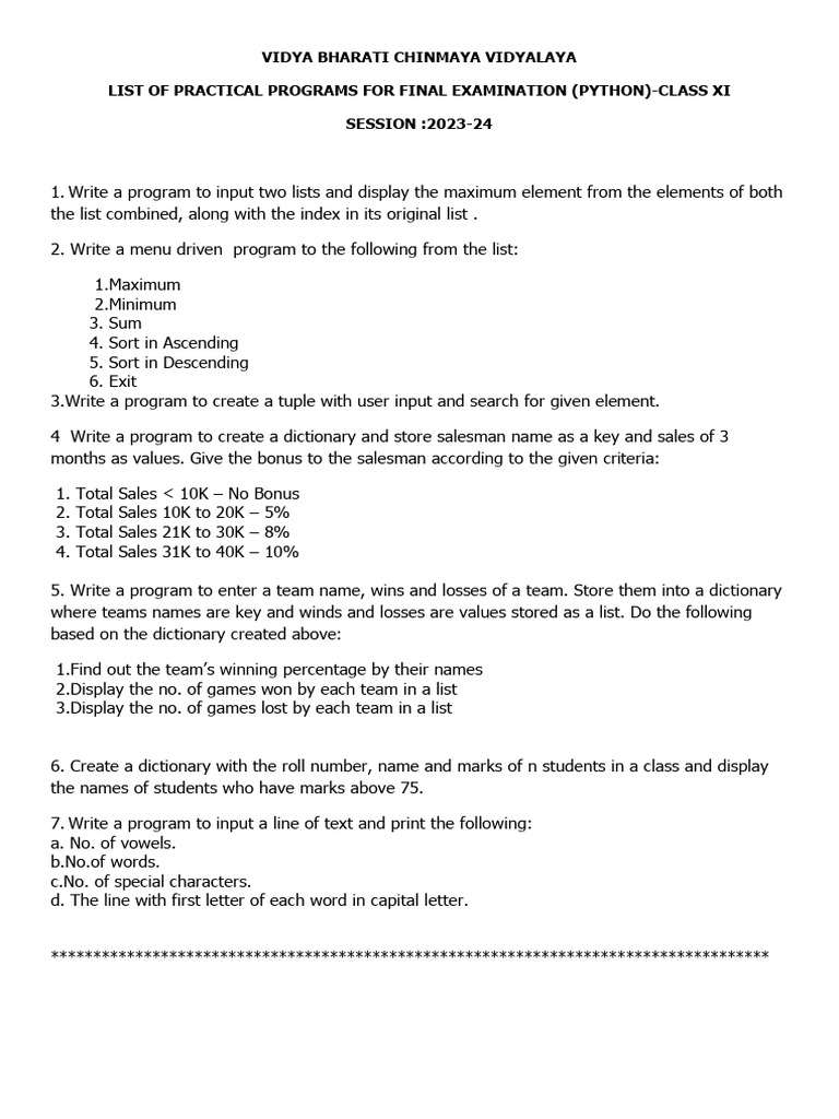 List of Practical Programs For Final Examination | PDF | Computer Programming | Algorithms And ...