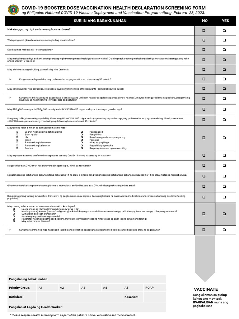 (Third Booster) Health Declaration Screening Pfizer Bivalent Booster ...