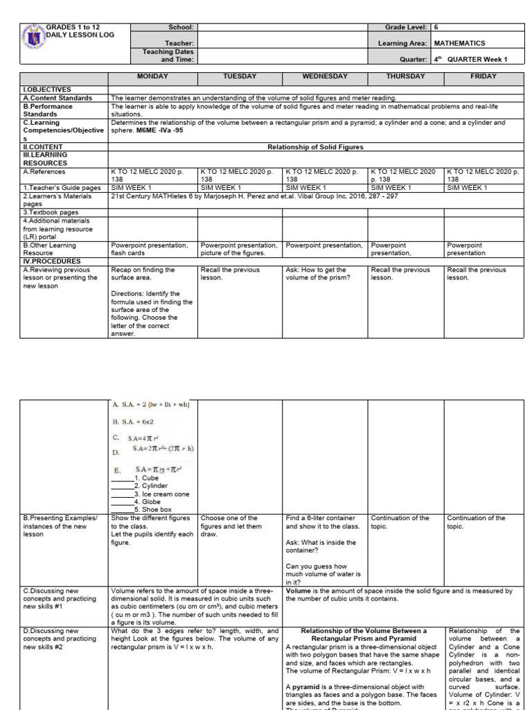 DLL Grade 6 q4w1 Math Fil Eng Scie AP Esp Mapeh Ia | Download Free PDF ...
