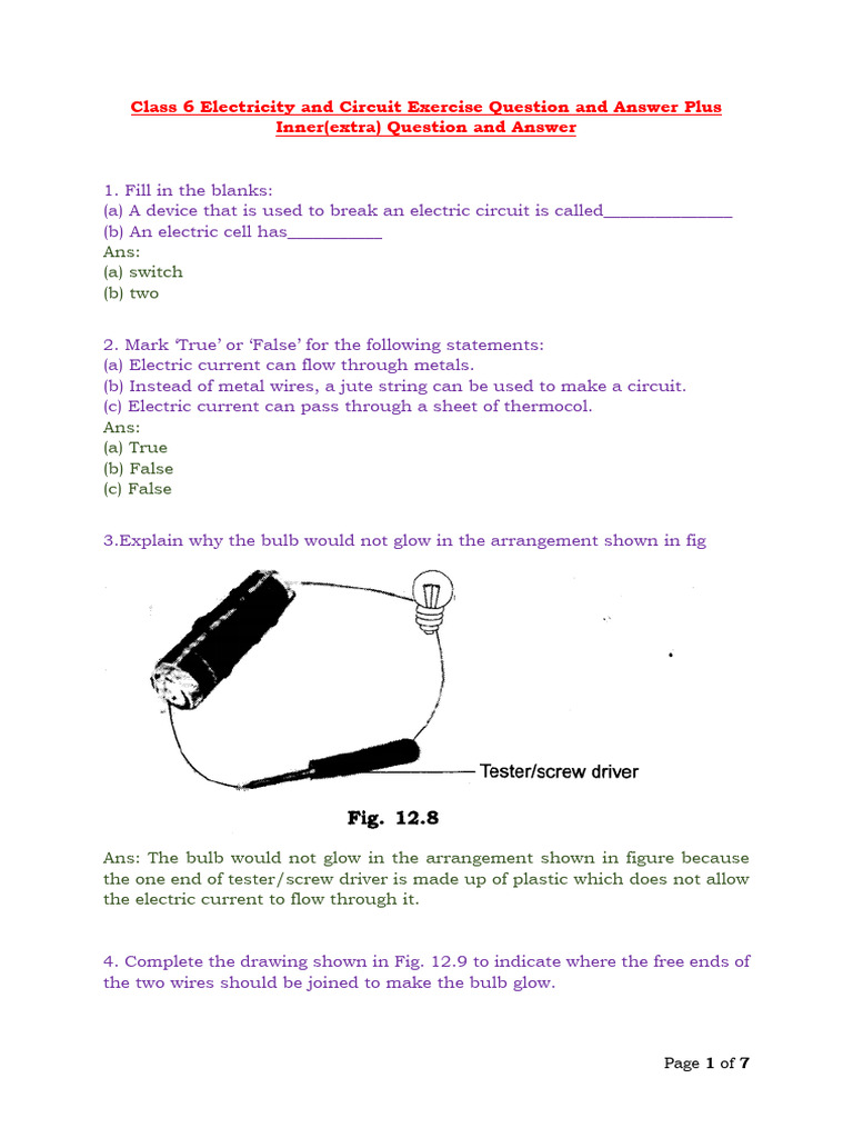 Class 6 Electricity and Circuit Exercise Question and Answer Plus Inner ...