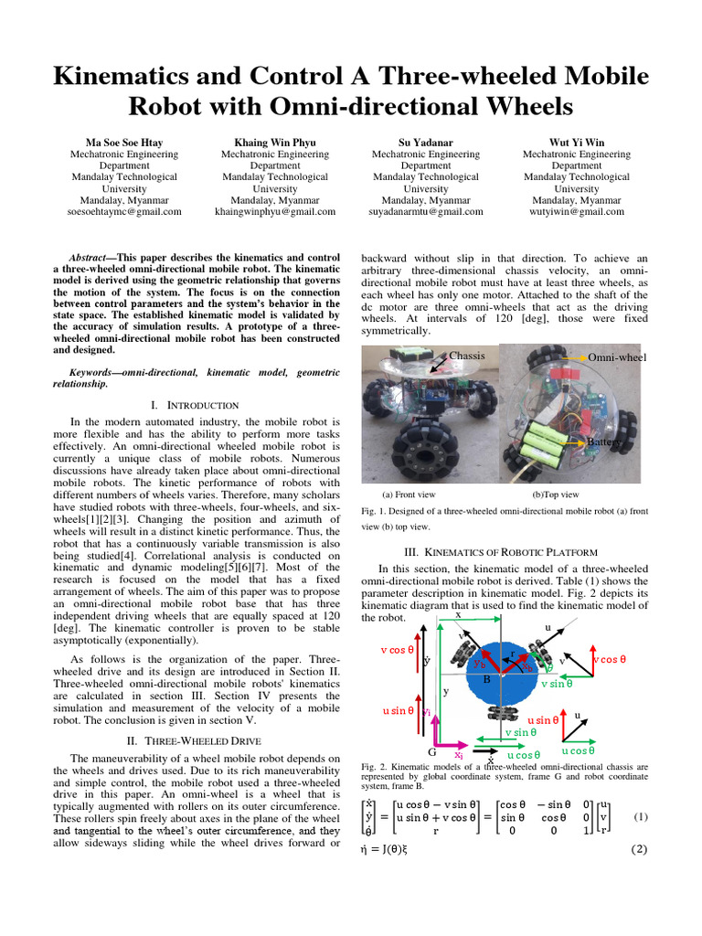 Kinematics and Control A Three-Wheeled Mobile Robot With Omni-Directional Wheels | PDF ...