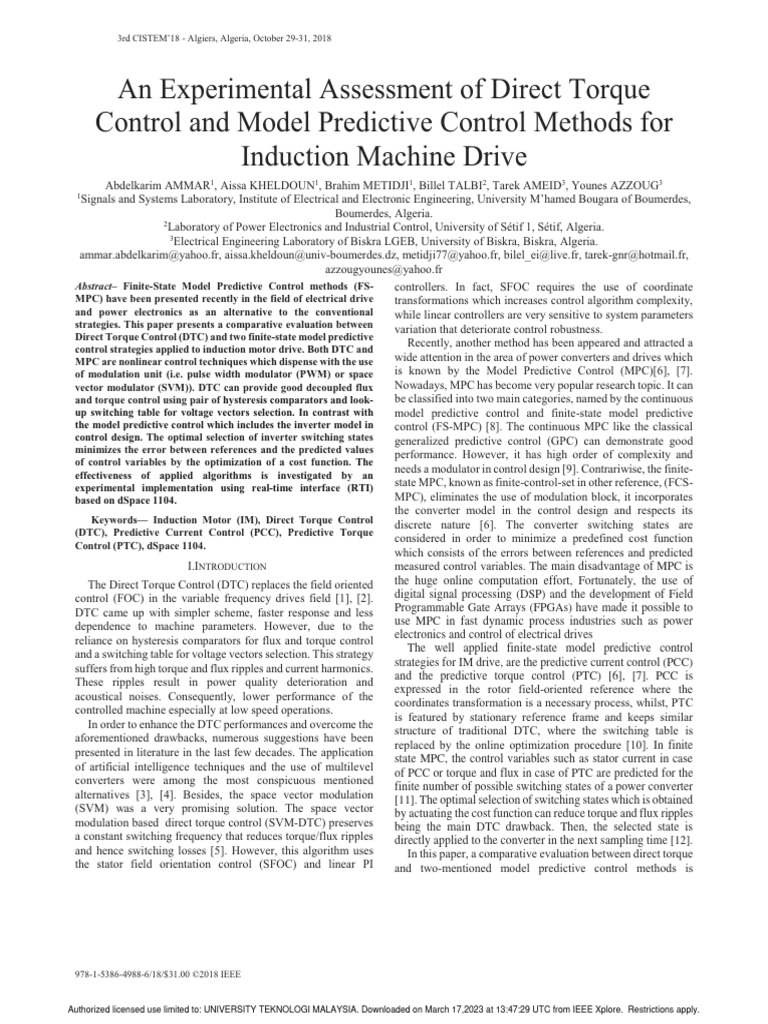 An Experimental Assessment Of Direct Torque Control And Model Predictive Control Methods For