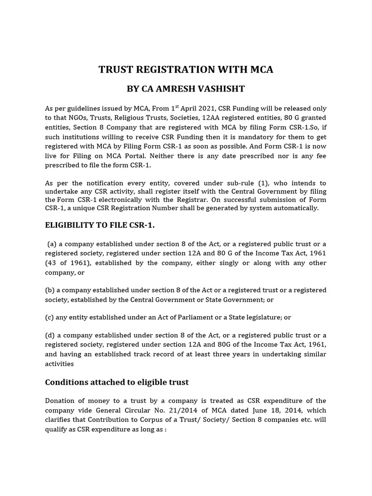 Trust Registration With Mca | PDF | Corporate Social Responsibility | Non Governmental Organization