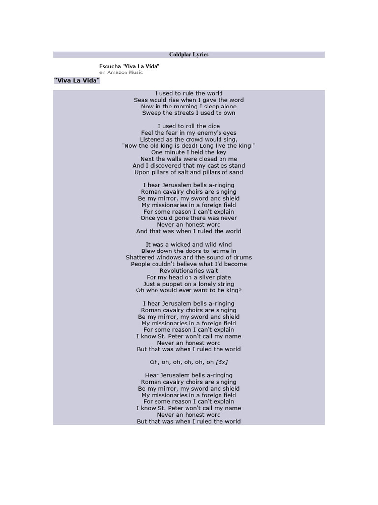 Coldplay Viva La Vida Lyrics | PDF