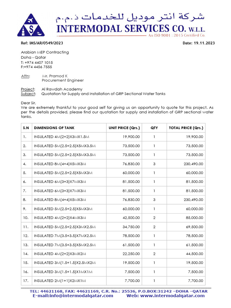 Quotation - GRP Tank (Sungil) | PDF | Prices | Plumbing