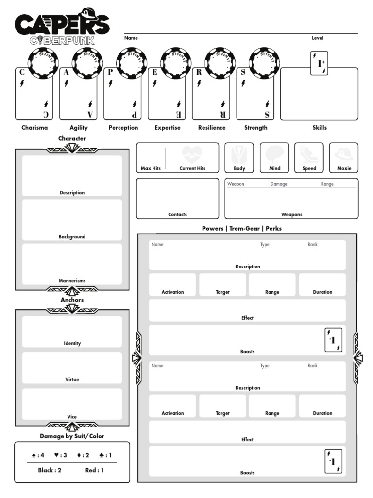 CAPERS Cyberpunk Character Sheet | PDF | Role Playing Games | Role Playing Video Games