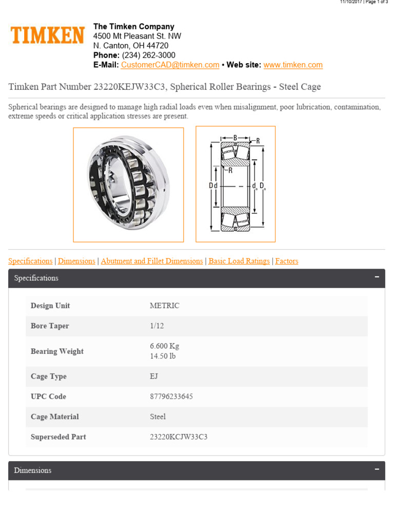 Timken 23220KEJW33C3 Specification Sheet | PDF | Bearing (Mechanical ...