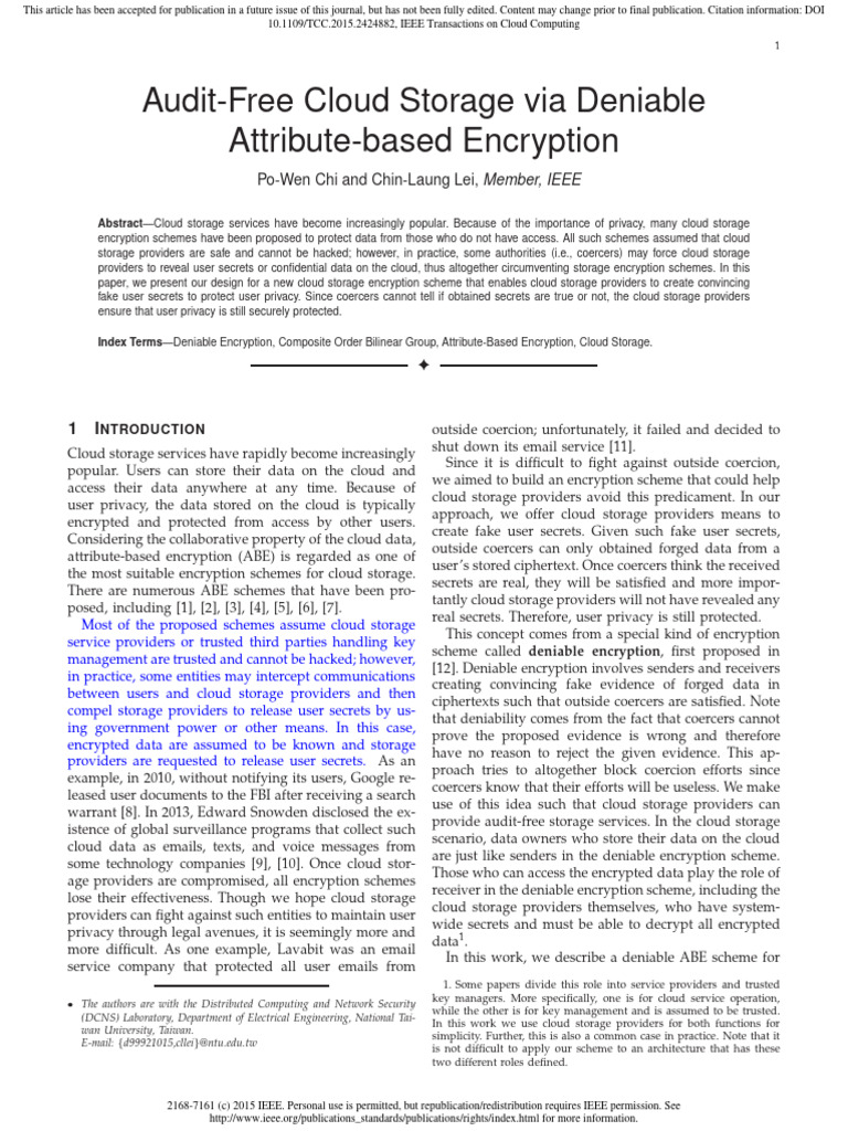 Audit-Free Cloud Storage Via Deniable | PDF | Encryption | Key (Cryptography)