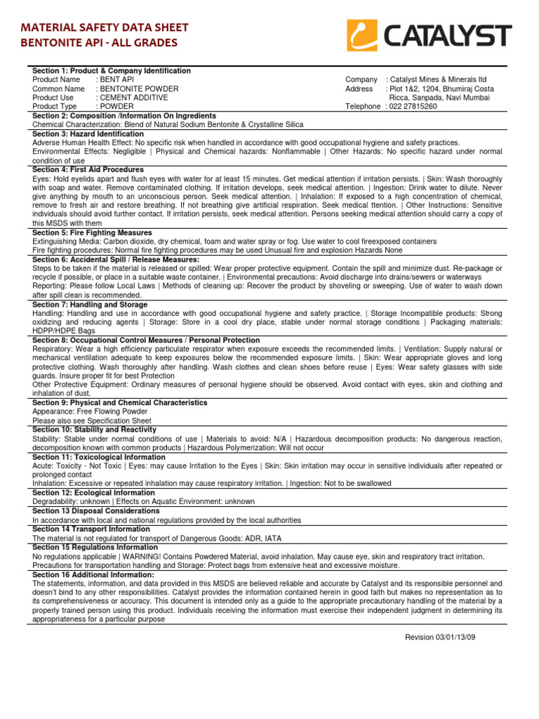 Ct-Bento S9 - Bentonite Api - MSDS | PDF | Personal Protective ...