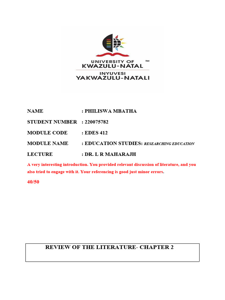 Name: Philiswa Mbatha STUDENT NUMBER: 220075782 Module Code: EDES 412 Module Name: Education ...