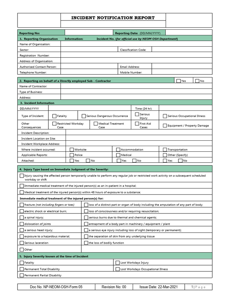 NP-NEOM-OSH-Form 05 Incident Notification Form | PDF | Burn | Safety