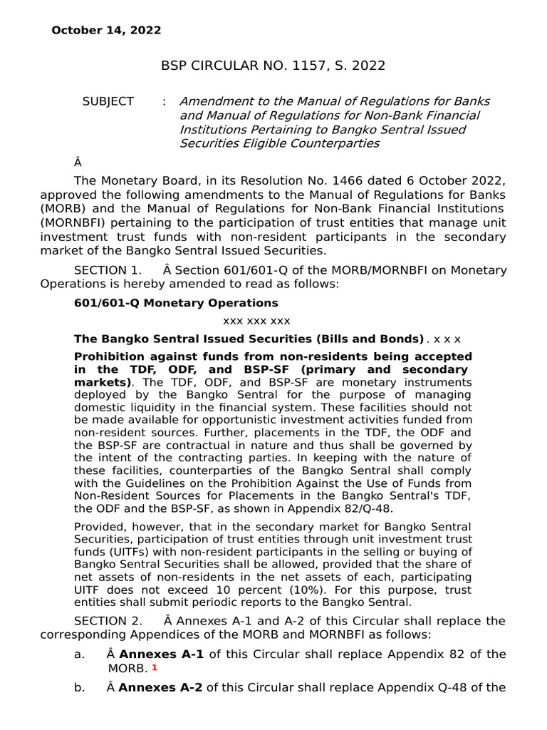 BSP Circular No. 1157, S. 2022 | PDF | Securities (Finance) | U.S. Securities And Exchange ...