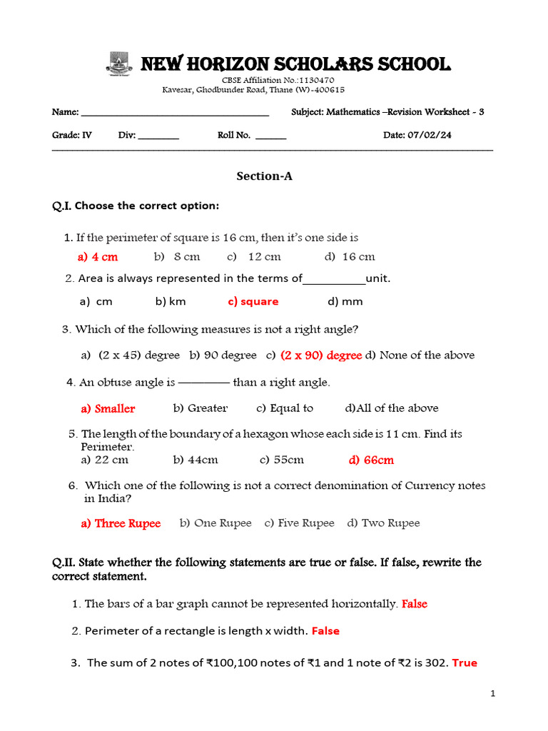 Grade IV Mathematics Revision Worksheet | PDF | Foods | Angle