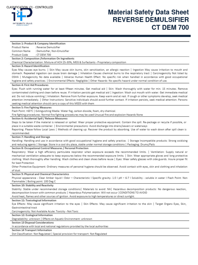 Demulsifier (CT DEM 700) - CAT MSDS - IPPS | PDF | Personal Protective ...