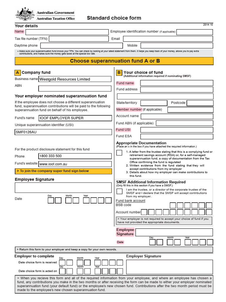 Superannuation Choice Form Template | PDF | Financial Services | Taxation