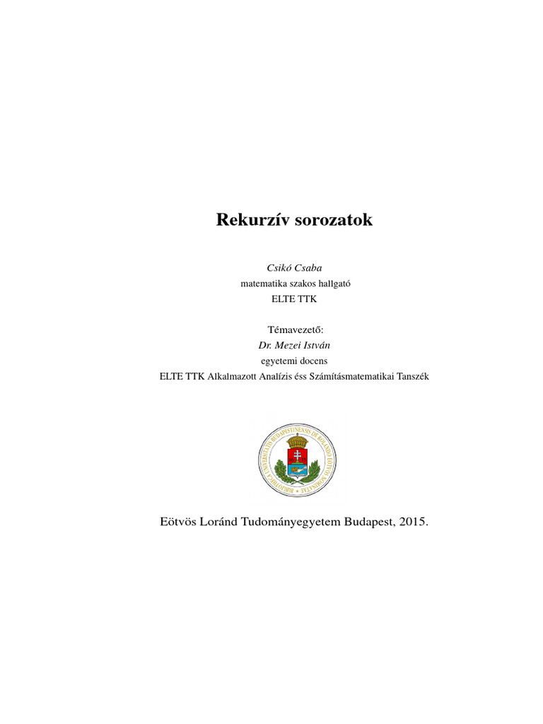 Adoc - Pub - Rekurziv Sorozatok Etvs Lorand Tudomanyegyetem Bud | PDF