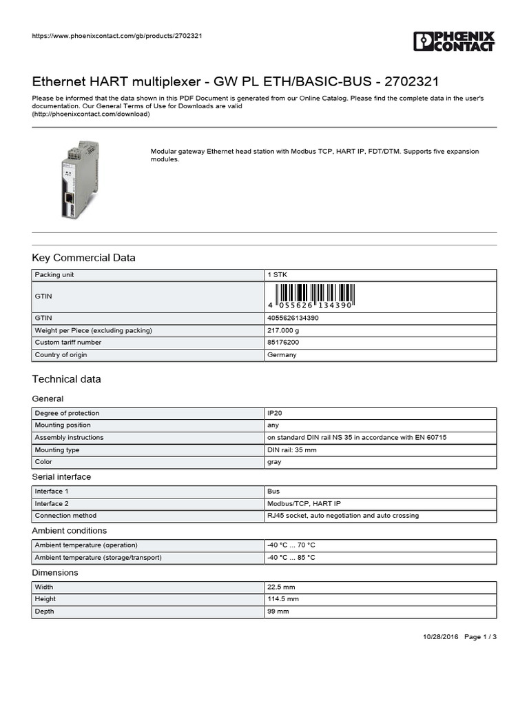 Ethernet HART Multiplexer - GW PL ETH/BASIC-BUS - 2702321: Key ...