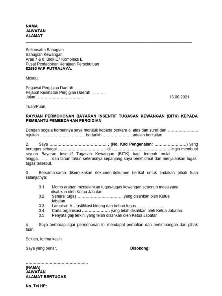 Surat Rayuan Permohonan Bayaran Bitk | PDF